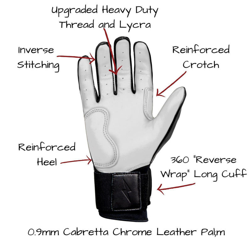 Bruce Bolt PREMIUM PRO Chrome Series Long Cuff Batting Gloves: Black ...